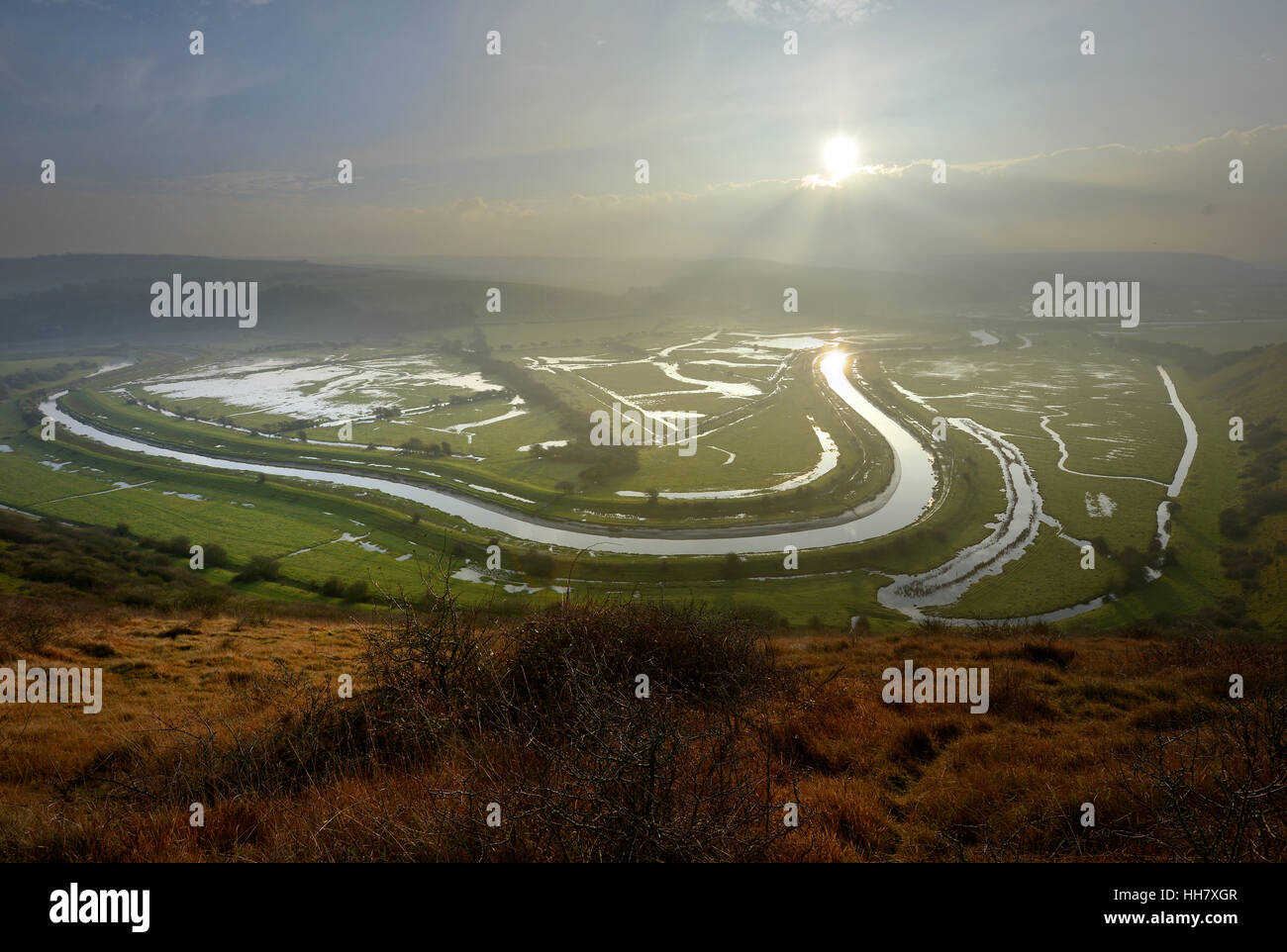 Cuckmere River winding through the South Downs from High and Over, East ...