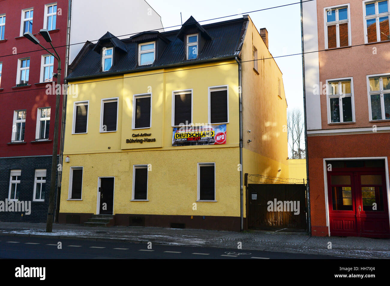 Berlin, Germany. 17th Jan, 2017. A banner featuring the NPD logo reads ...