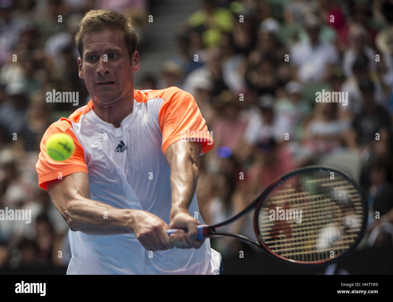 Melbourne, Australia. 17th Jan, 2017. Florian Mayer of Germany hits the ...