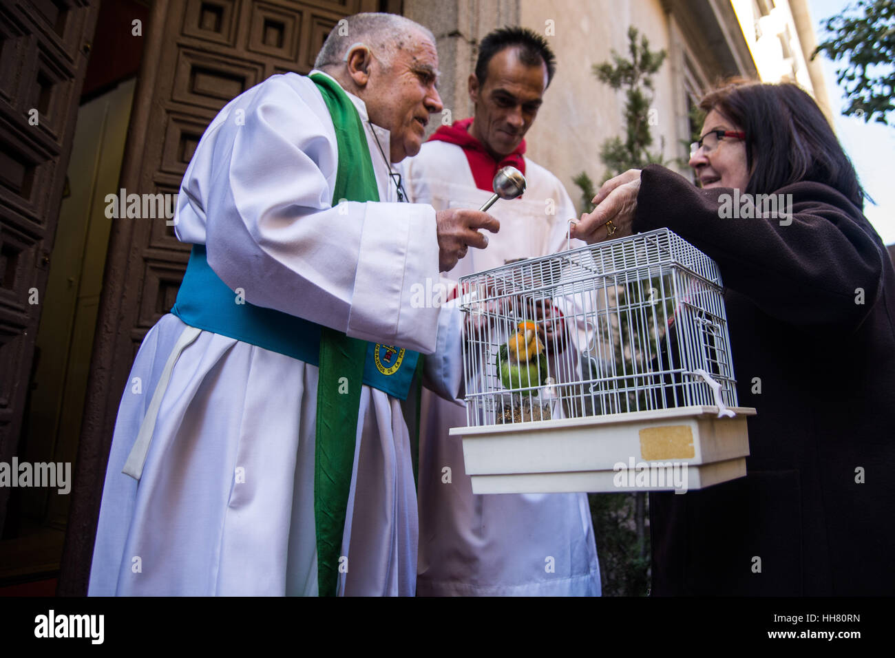 Madrid, Spain. 17th Jan, 2017. A Priest blessing a bird during the day ...