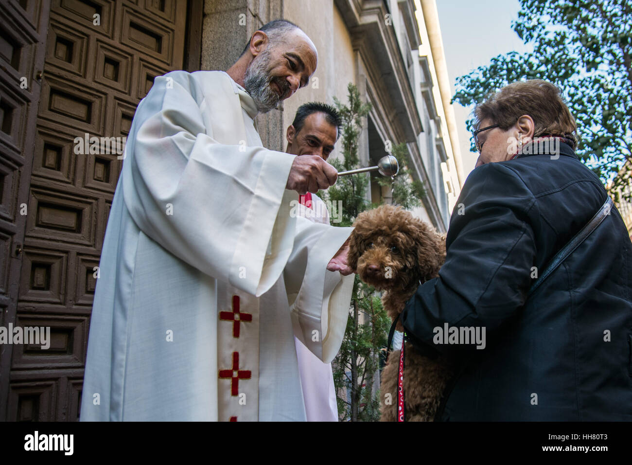 Madrid, Spain. 17th Jan, 2017. A Priest blessing a dog during the day ...
