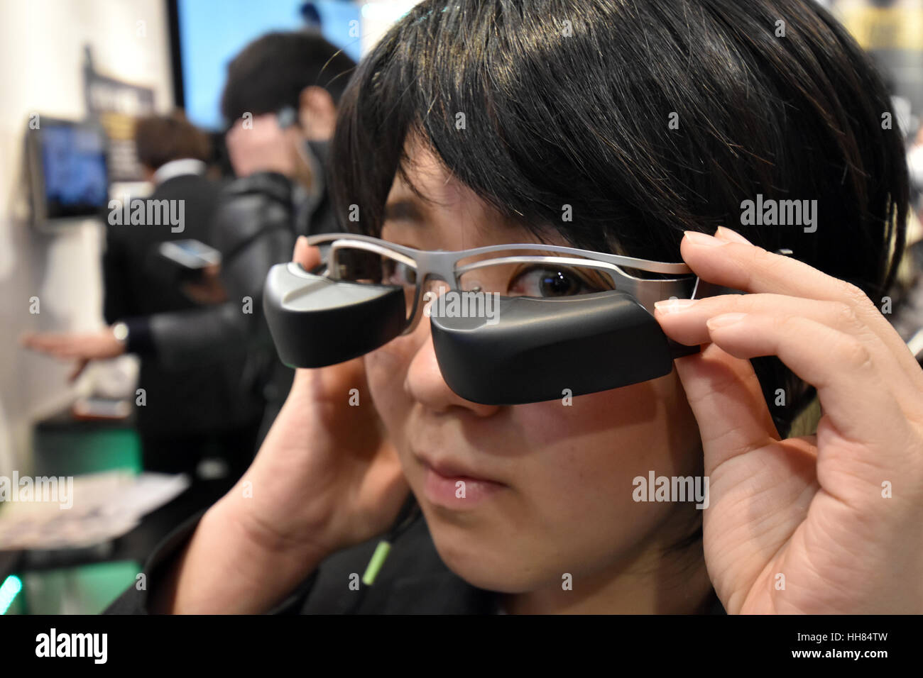 Tokyo, Japan. 18th Jan, 2017. Wearable sensor systems are displayed at ...