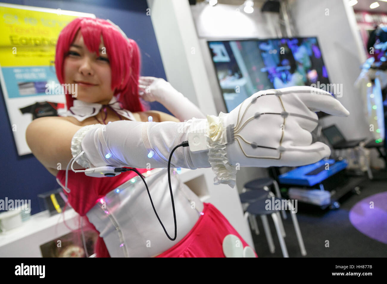 An exhibitor shows a wearable sensor system at the Wearable Expo in ...