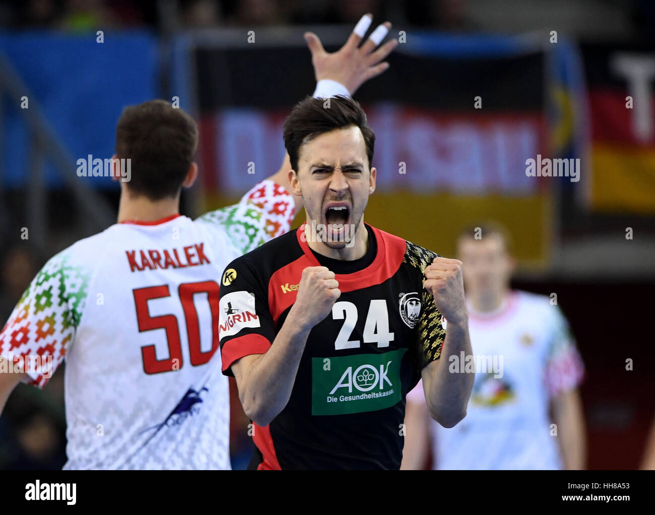 Rouen, France. 18th Jan, 2017. Germany's Patrick Groetzki cheers at the ...