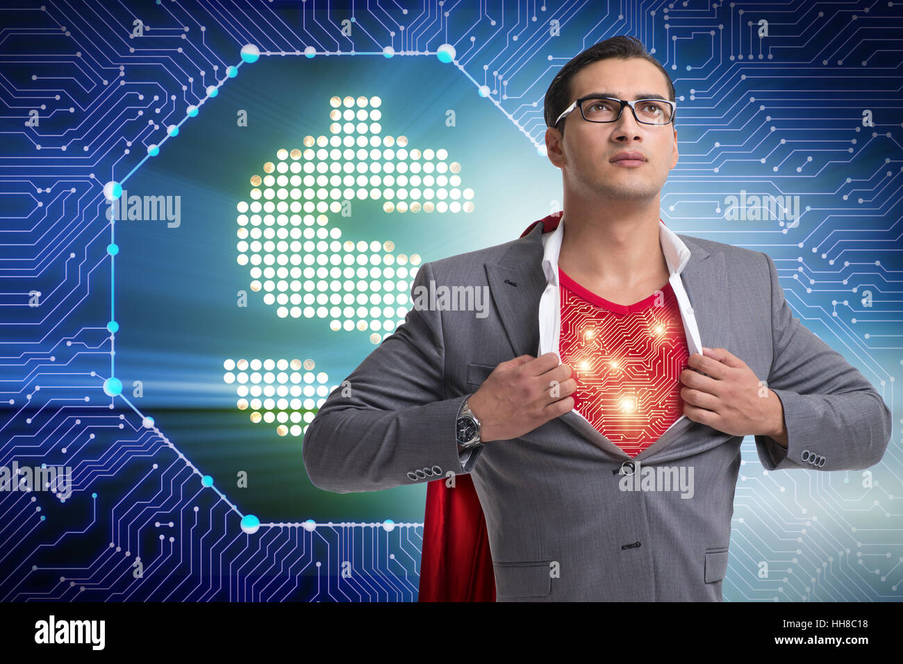 Superhero saving american dollar currency Stock Photo - Alamy