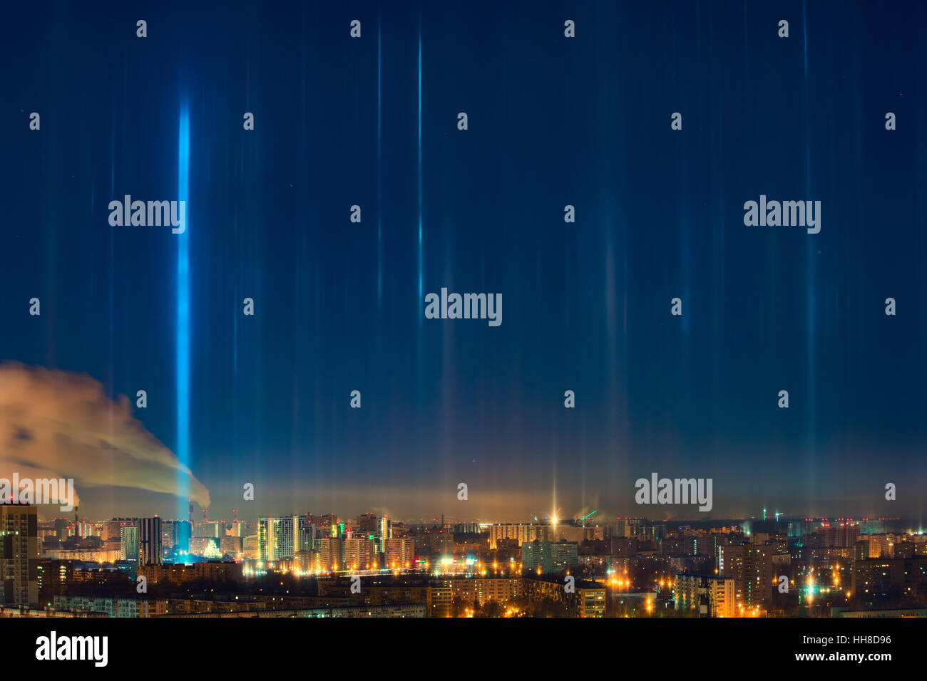 Light poles natural phenomenon appears at cold weather over the city ...