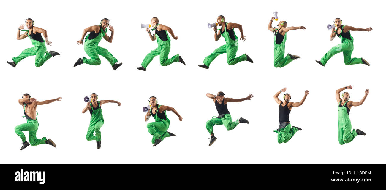 Construction worker jumping and dancing Stock Photo - Alamy