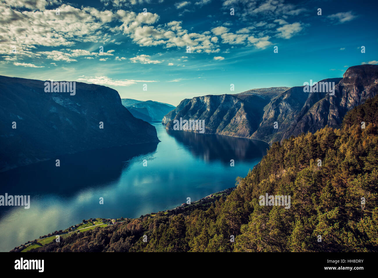 Norway fjord landscape on sunset. Contrast film style colors Stock ...