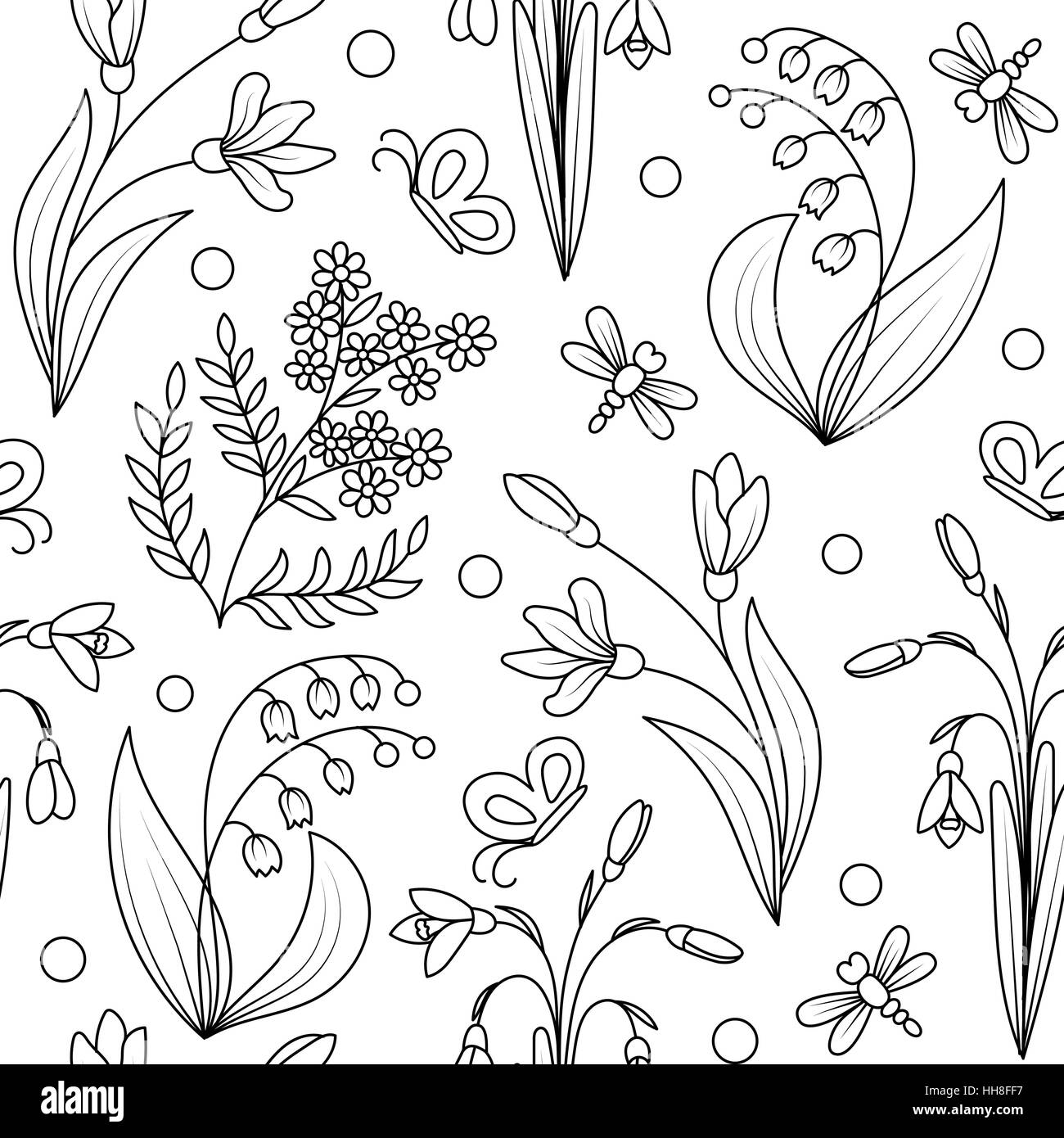 Seamless pattern with ink hand drawn wild spring plants isolated on ...