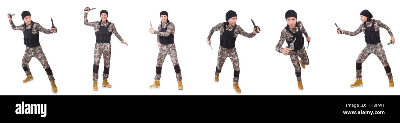 Soldier with knife isolated on white Stock Photo - Alamy
