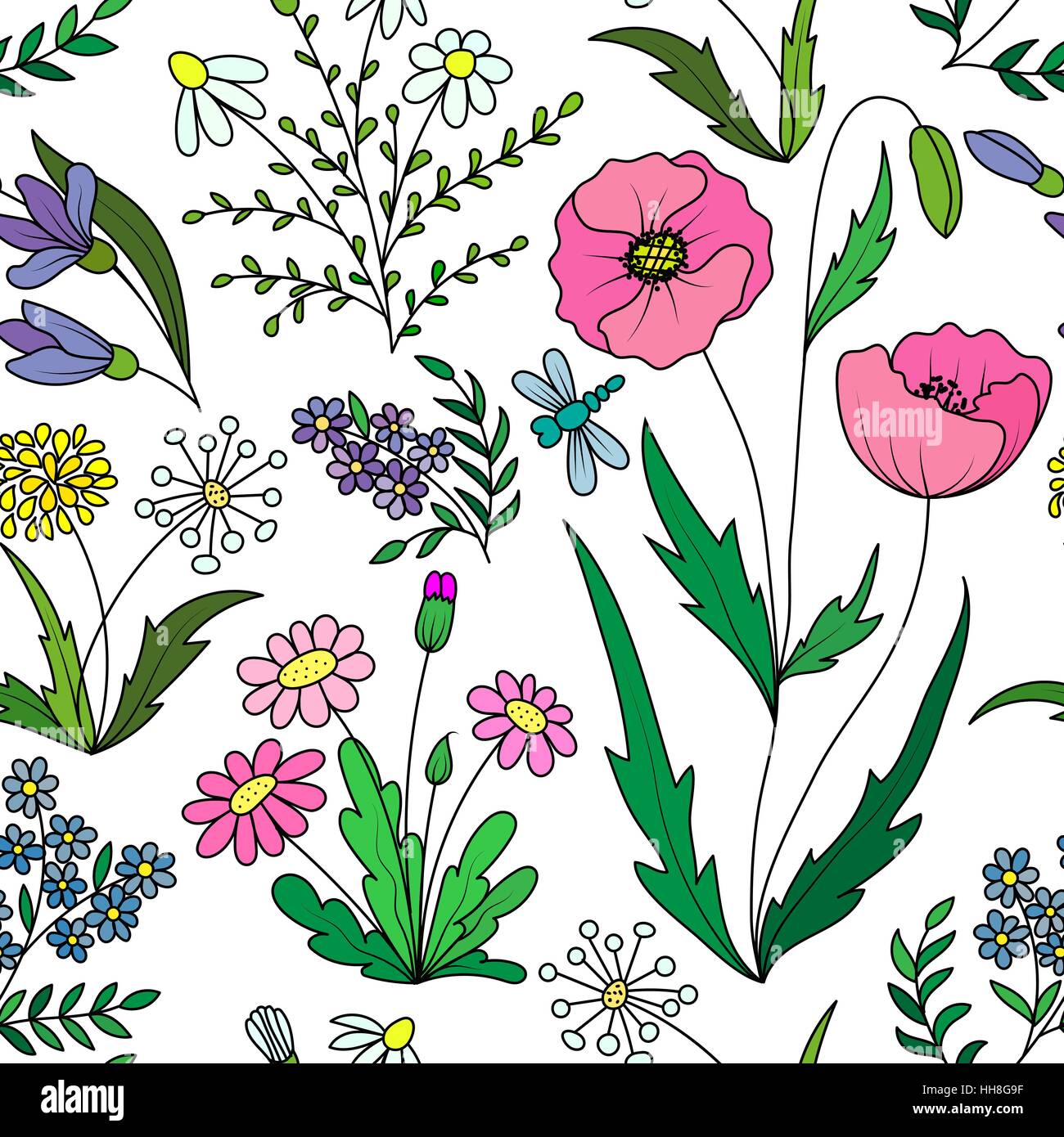 Beautiful vintage seamless pattern with colorful wild spring flowers on ...