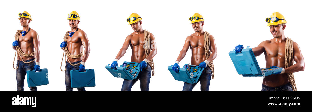 Muscular builder with tools isolated on white Stock Photo - Alamy
