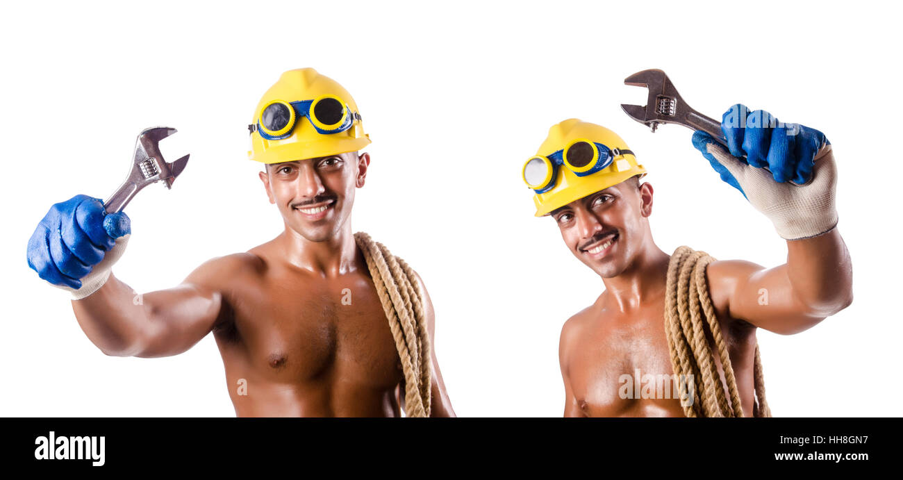 Muscular builder with tools isolated on white Stock Photo - Alamy