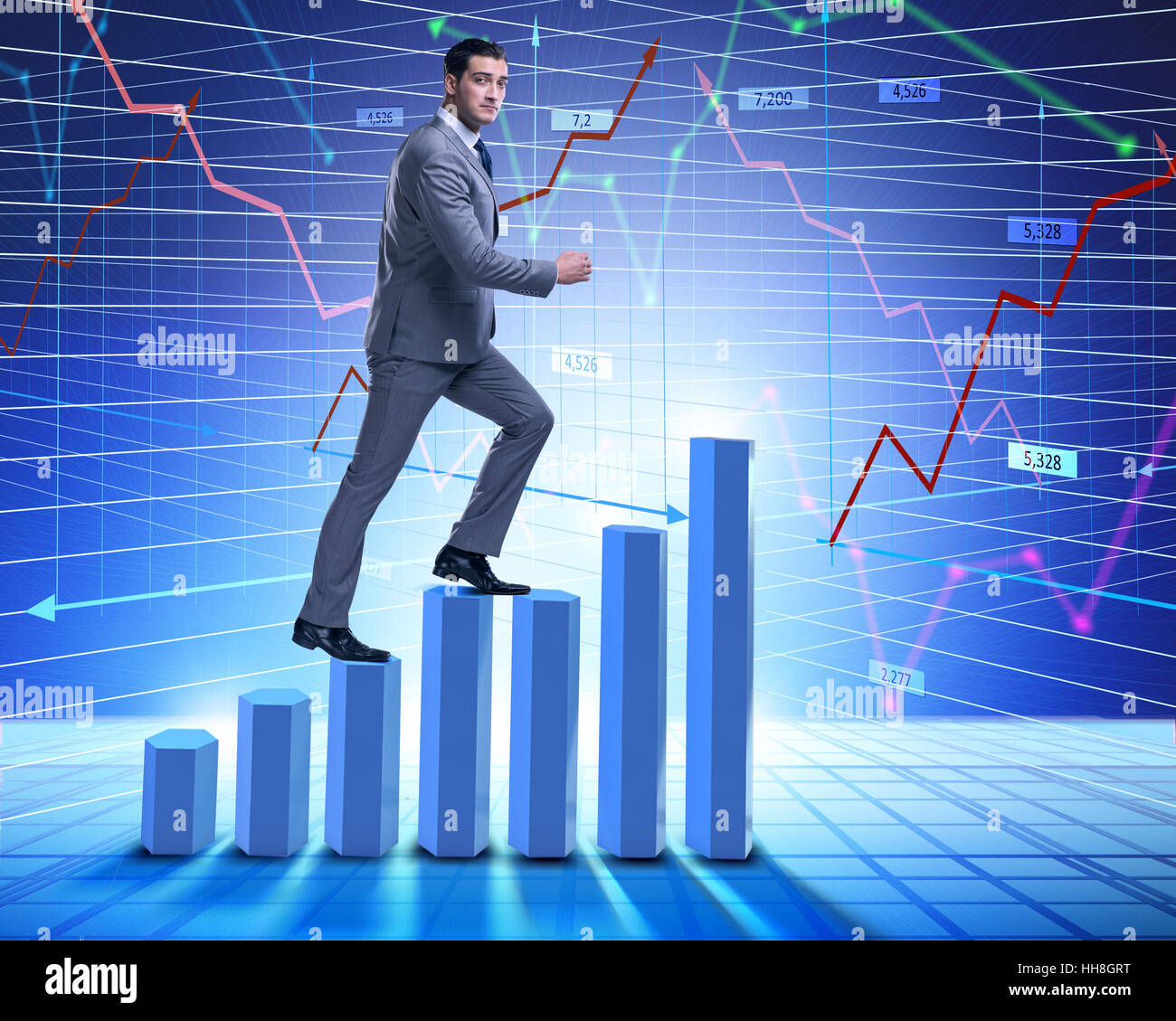 Businessman climbing bar charts in business concept Stock Photo - Alamy