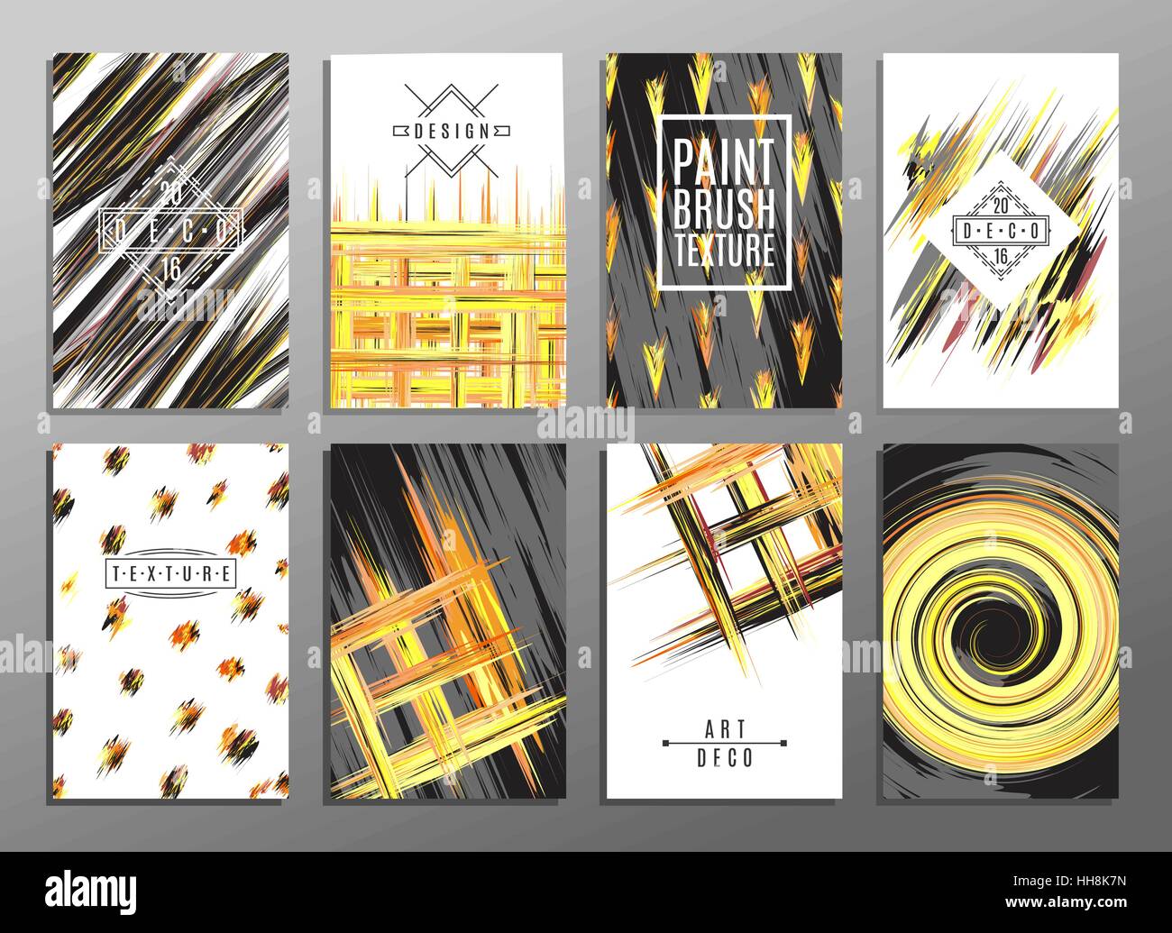 Trendy creative hand drawn cards collection with brush stroke patterns ...