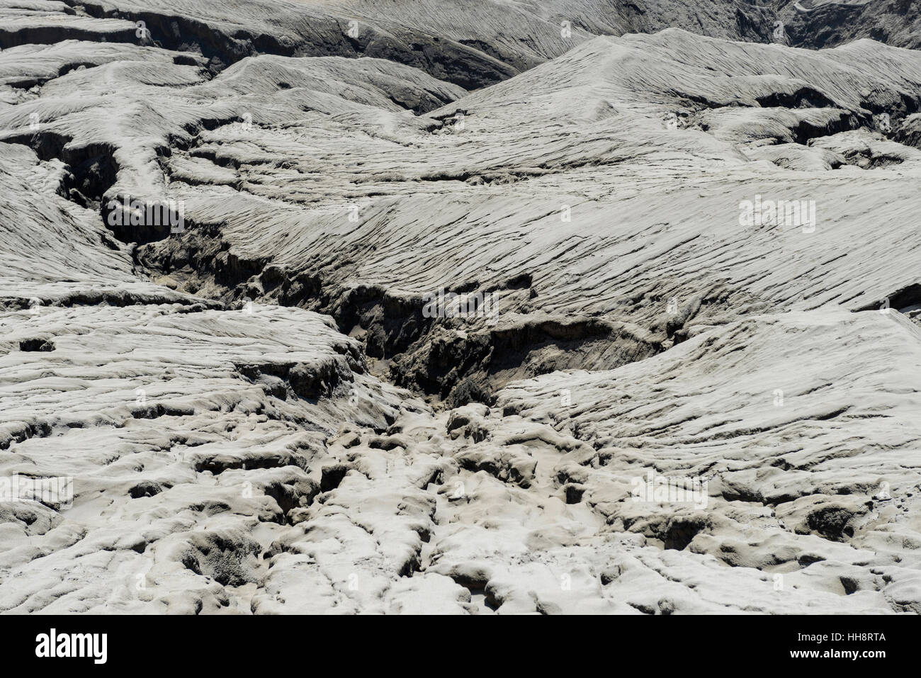 Hostile volcanic landscape, gaps and cracks, dry ground on volcano ...