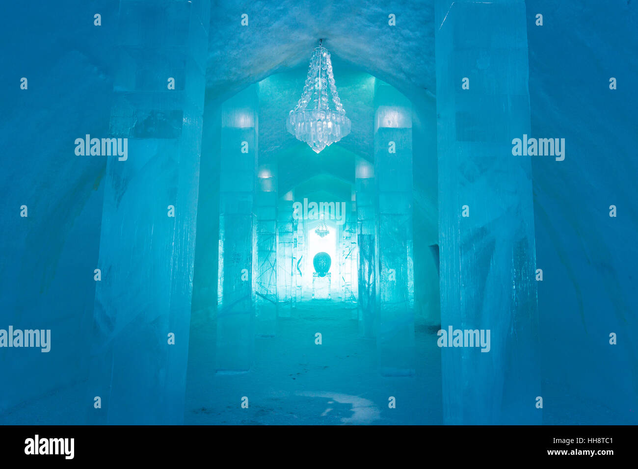 Entrance hall with sculpture and chandelier made of ice, Jukkasjärvi ...