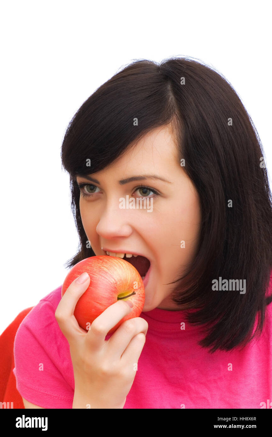 Girl biting red apple isolated on white Stock Photo - Alamy