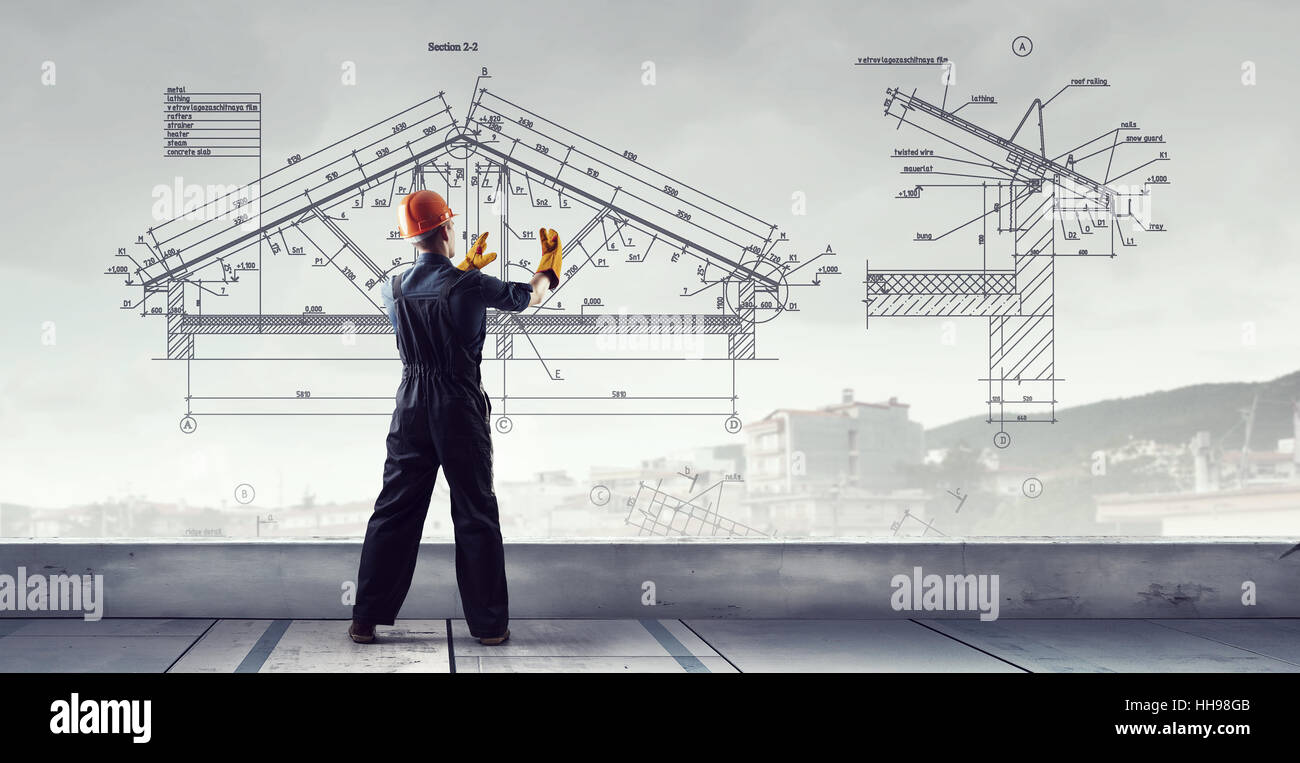 Back view of engineer man working with virtual panel Stock Photo - Alamy