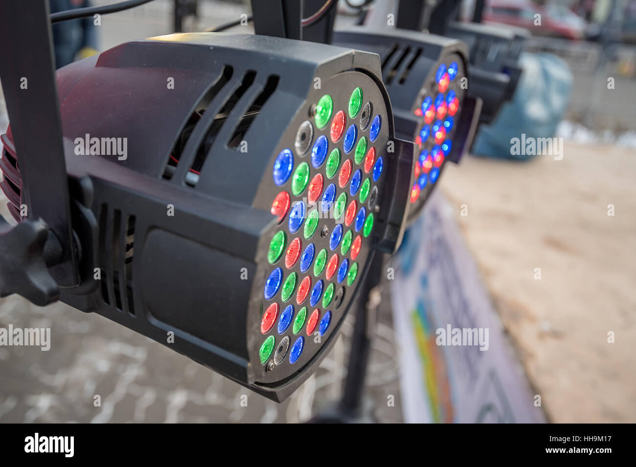 Close up of stage color light source switched on Stock Photo - Alamy