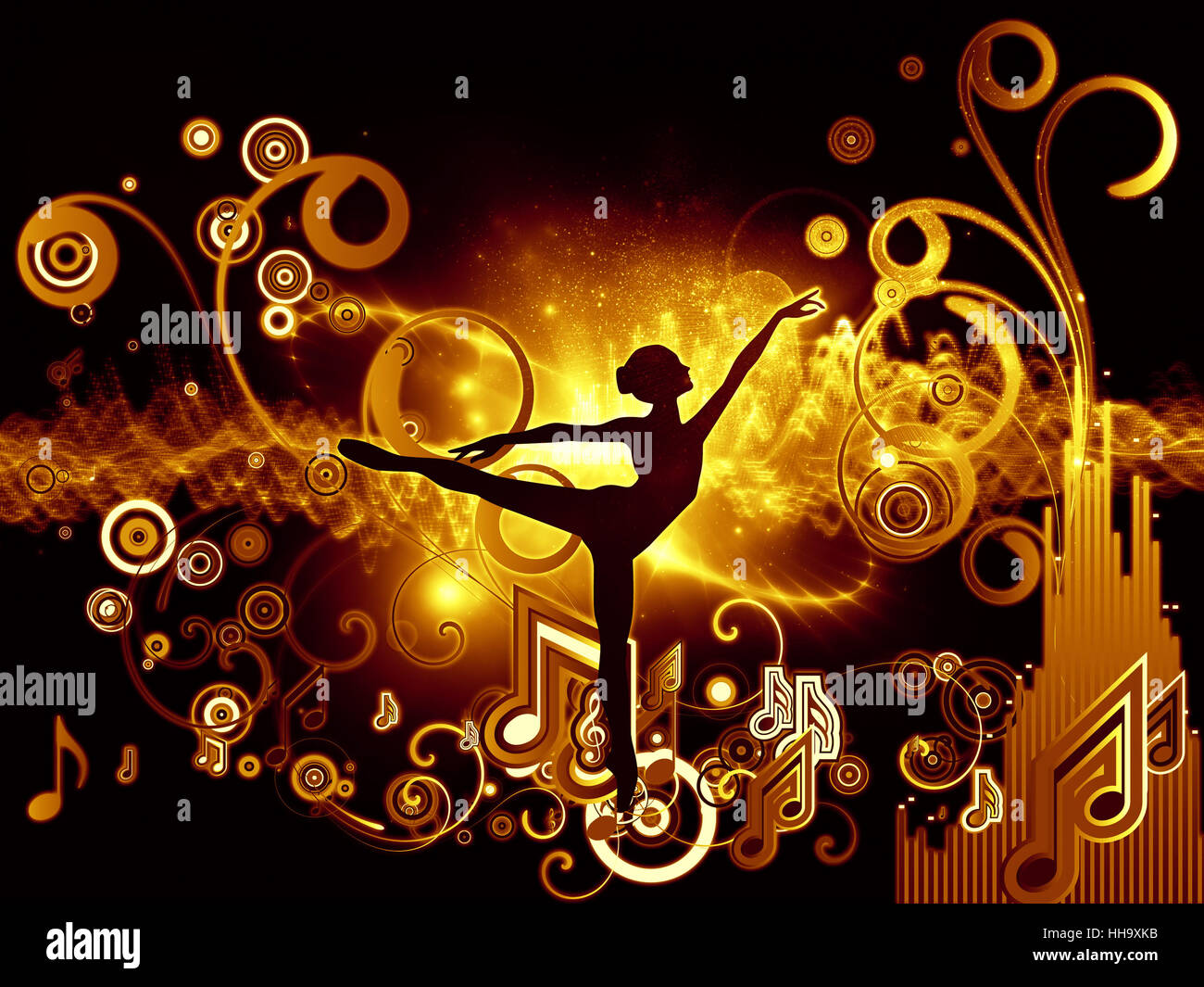 Abstract design made of girl silhouette, notes, lights and abstract ...