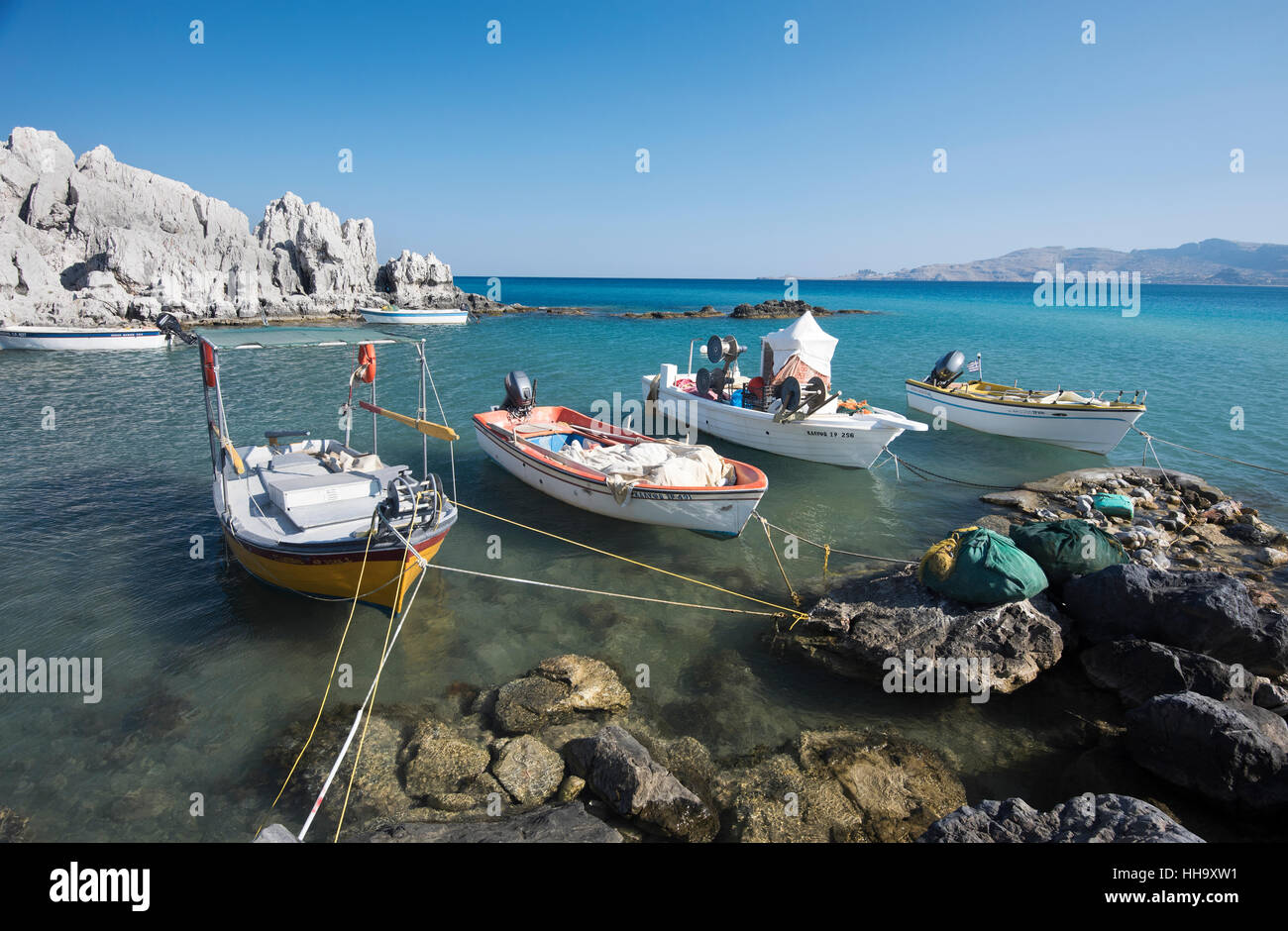 Fishing boats at Haraki Beach Charaki Rhodes Stock Photo - Alamy