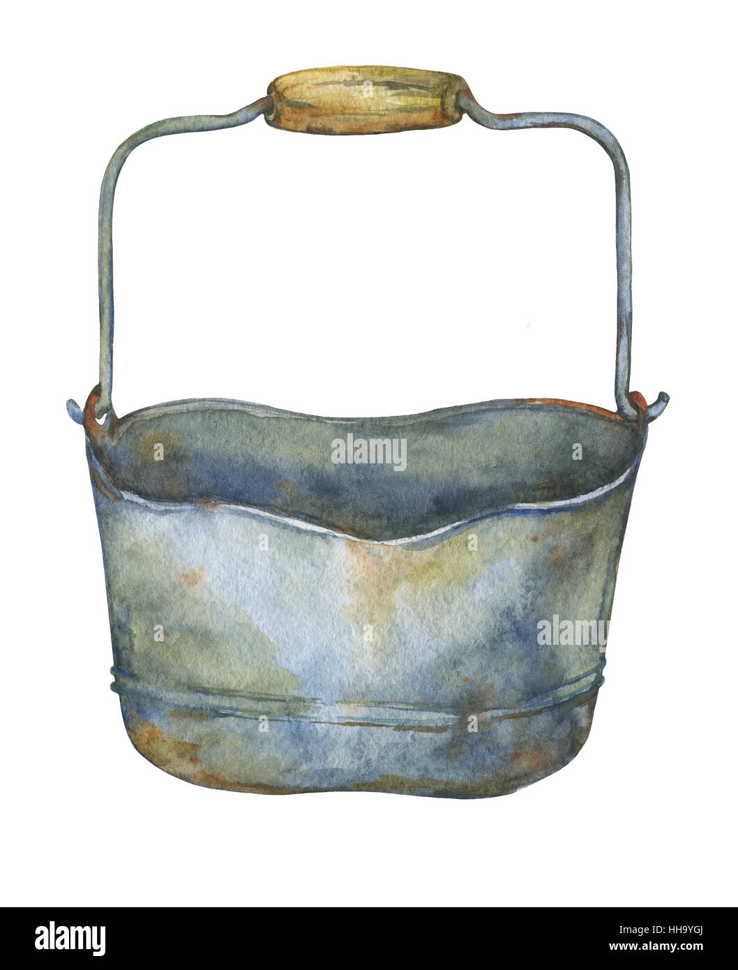 Gardening tools rusty galvanized bucket. Hand drawn watercolor painting ...