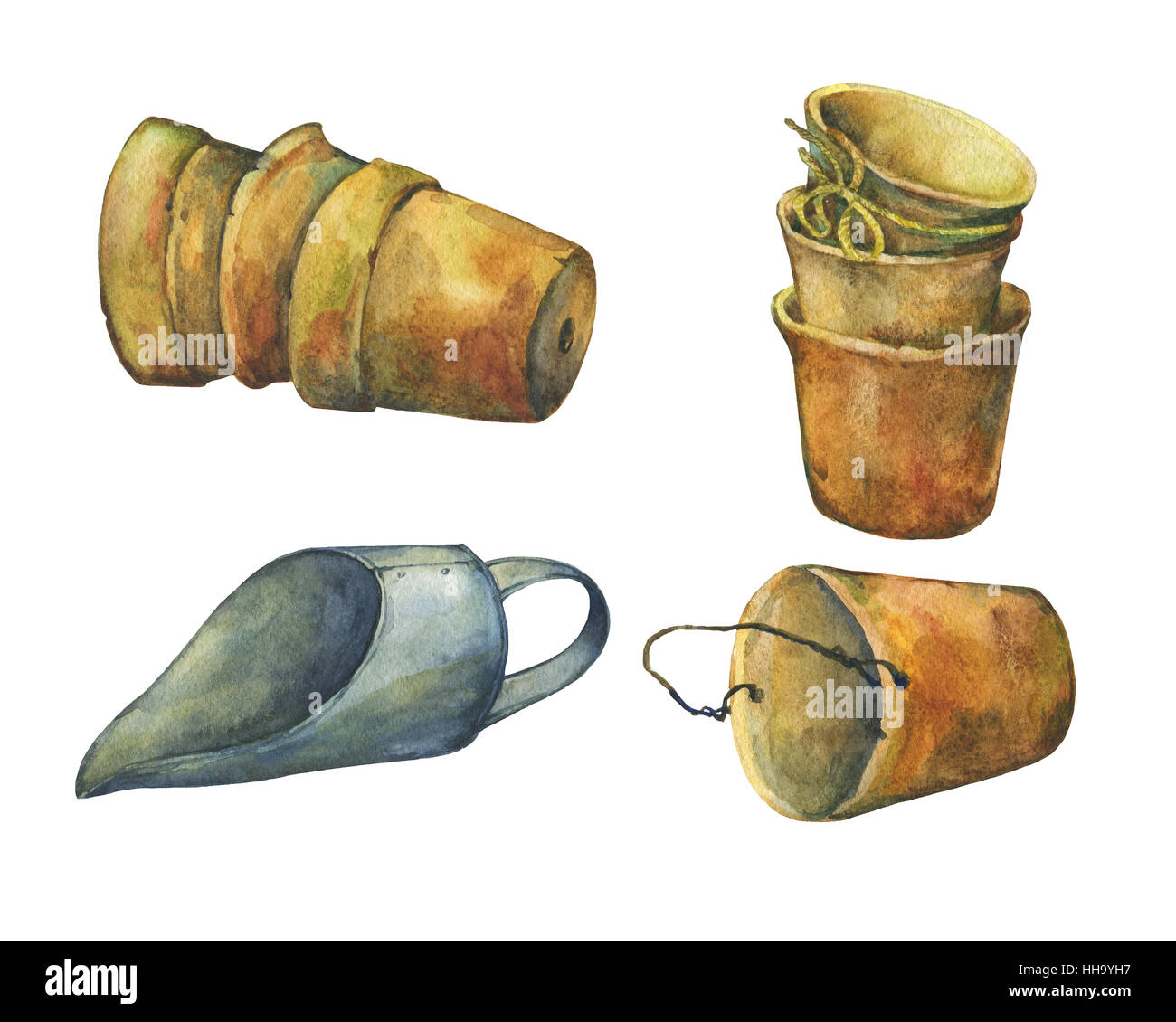 Aged patina on terracotta plant pots. Hand drawn watercolor painting on ...