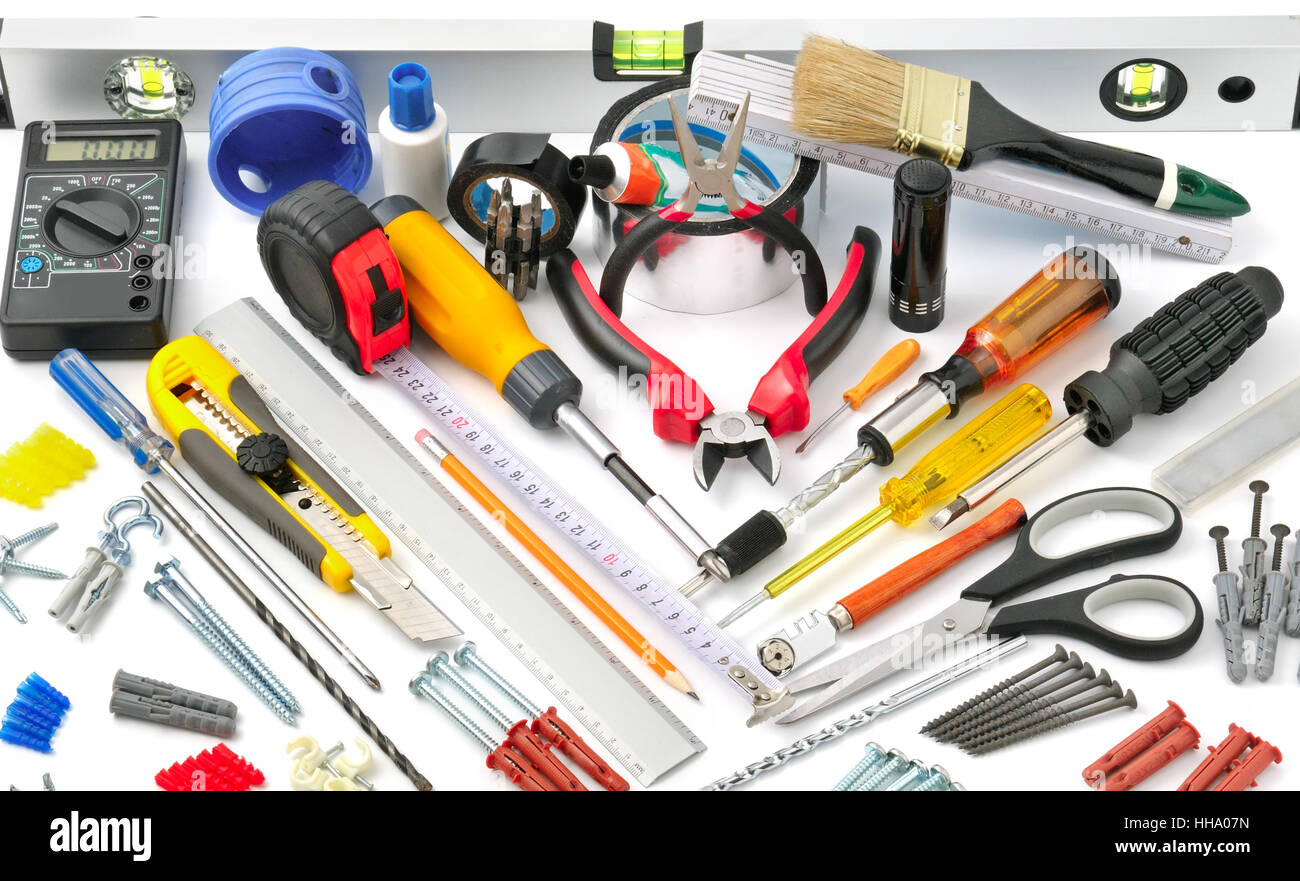 collection tools on white background Stock Photo - Alamy