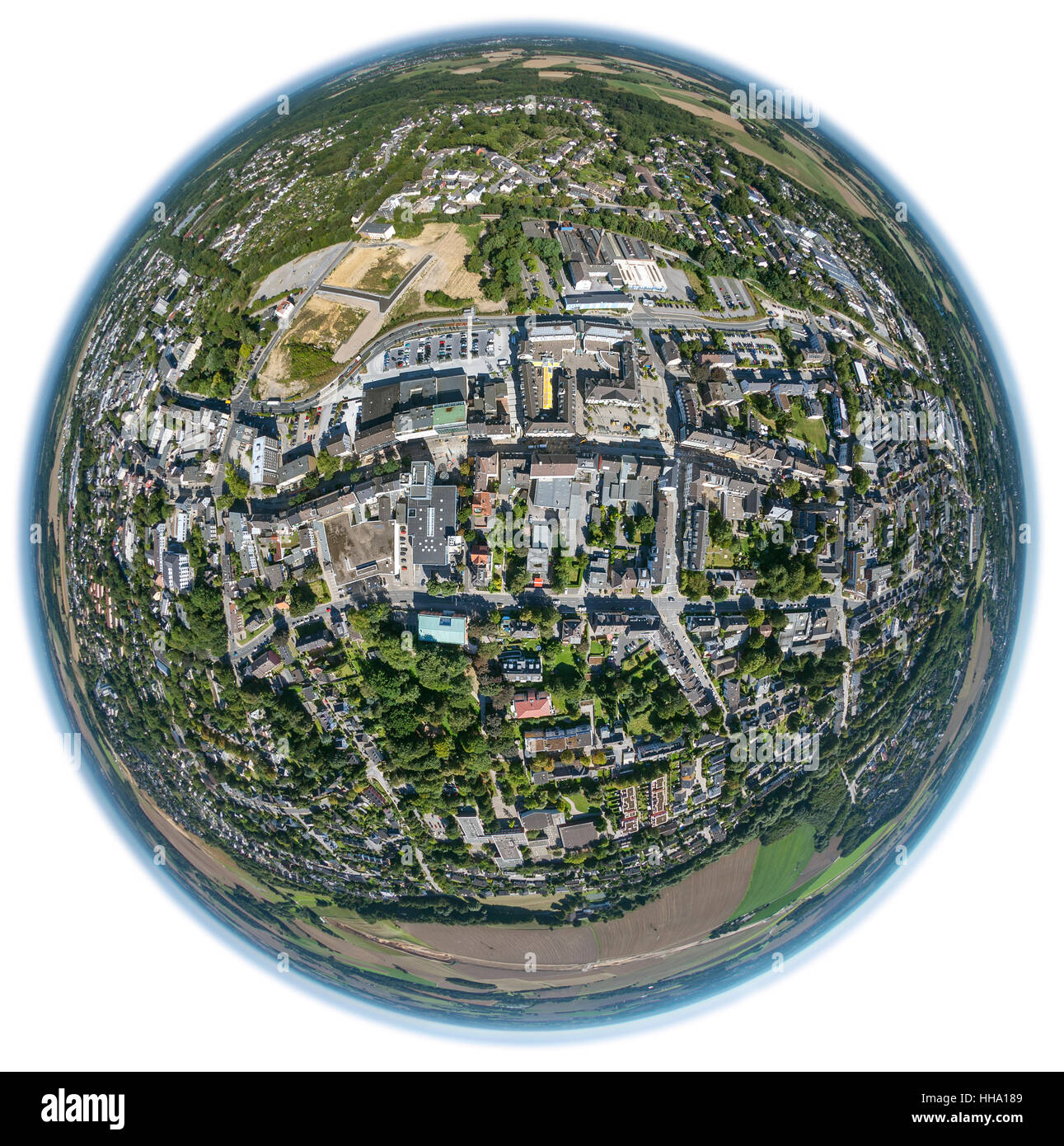 Downtown Heiligenhaus with City Hall in the center, fisheye Up, fisheye ...