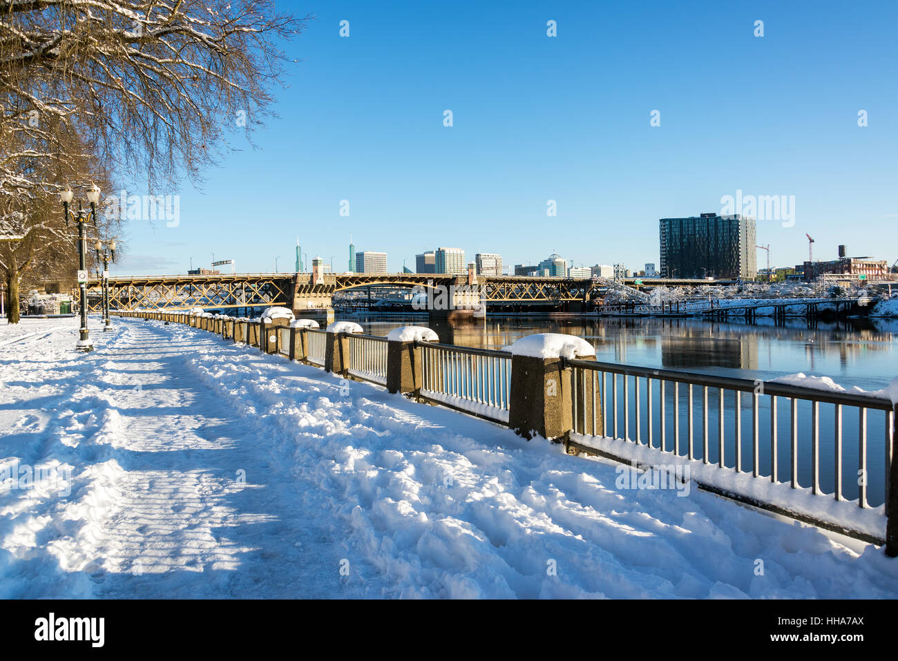 Waterfront park in Portland, Oregon covered in snow after a winter ...