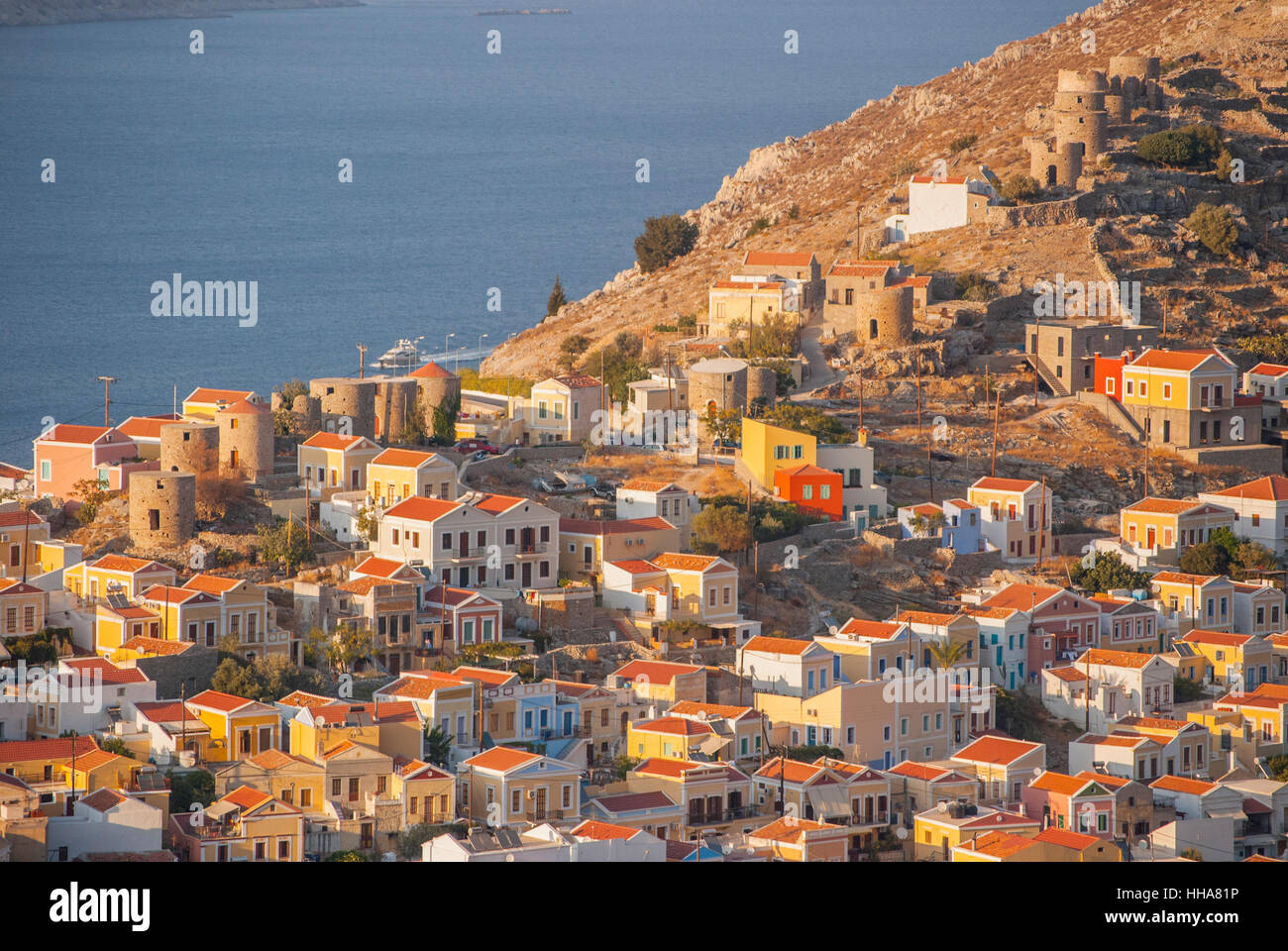 The old windmills on the ridge above horio on the island of Symi greece ...