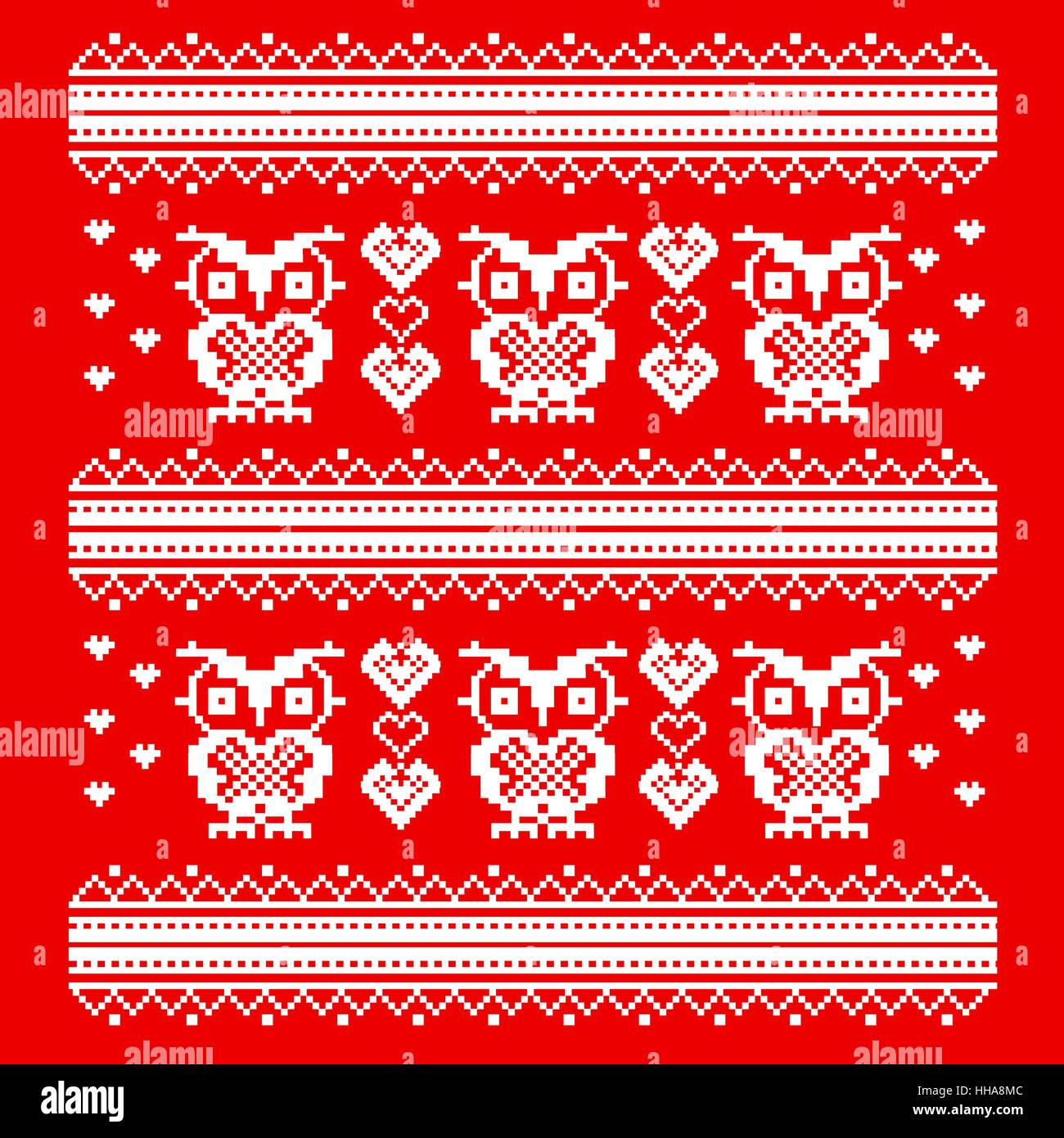 Ornament red owl and heart. wise owls in love. pixel art template Stock ...