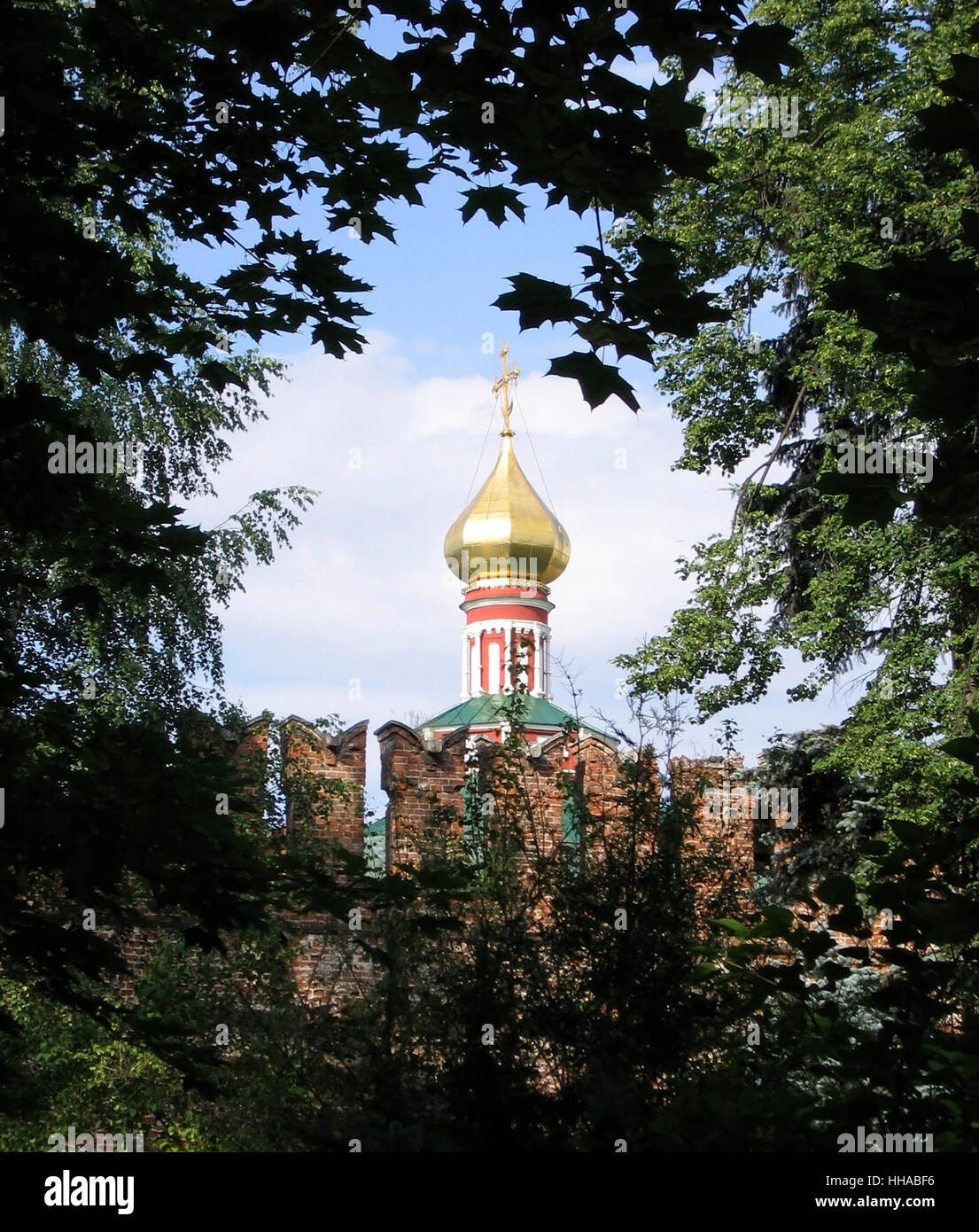 pictoral photography of a golden onion spire framed with trees in ...