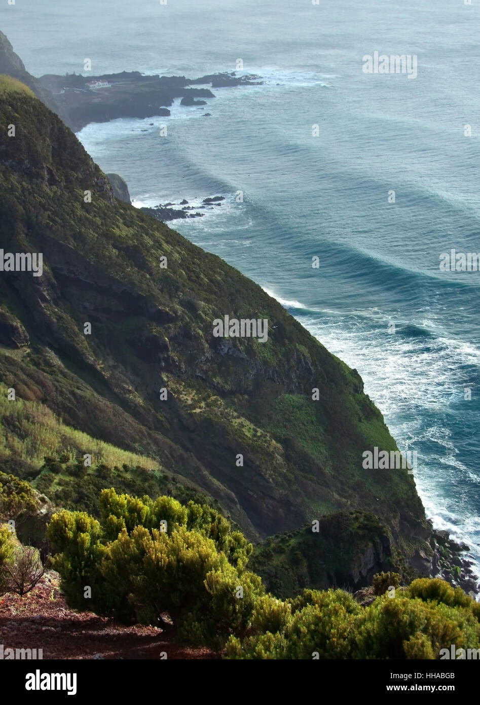 high angle cliffy coastal scenery at Sao Miguel Island, the biggest ...