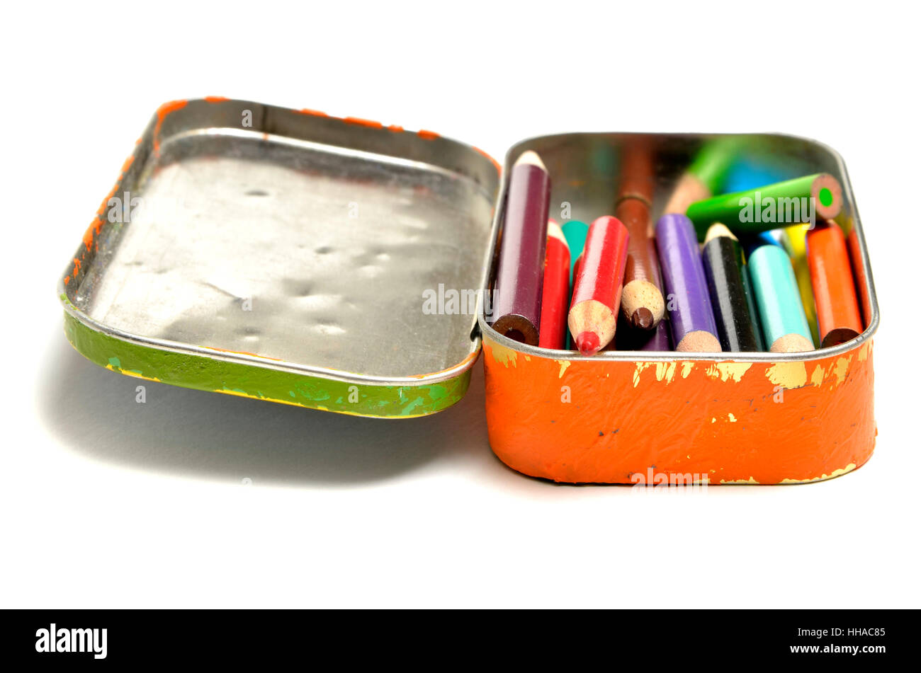 Colored pencils in small tin for carrying and creation of art craft ...