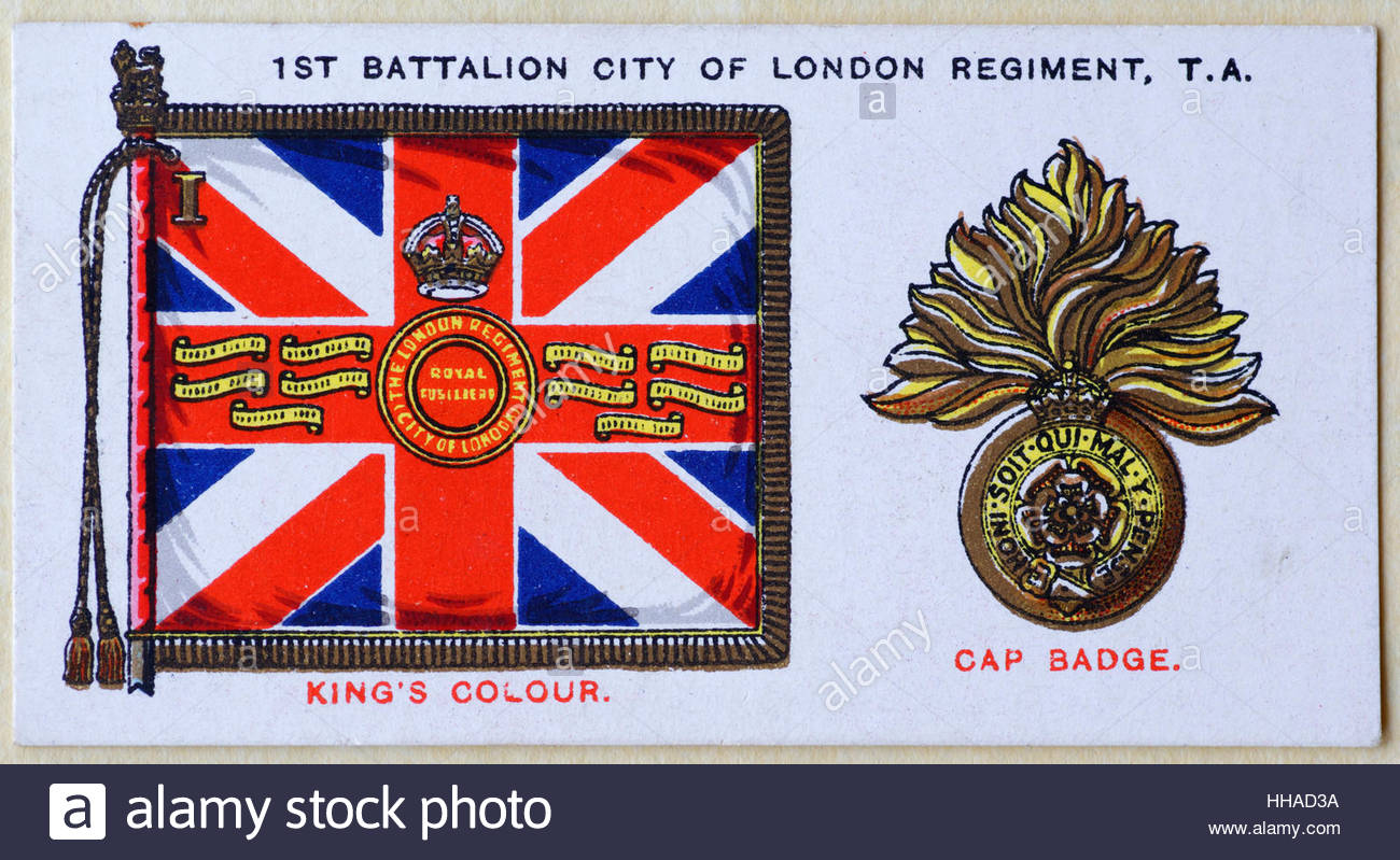 1st Battalion City of London Regiment regimental standard and cap badge ...