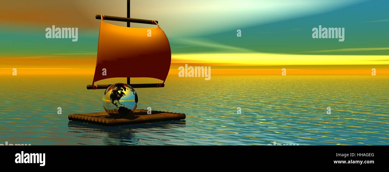 Wooden raft in the middle of the ocean transporting earth to save and ...