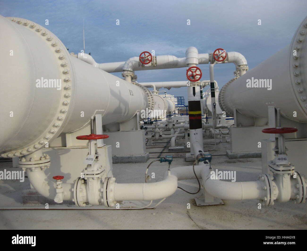 Heat exchangers in a refinery. The equipment for oil refining Stock ...