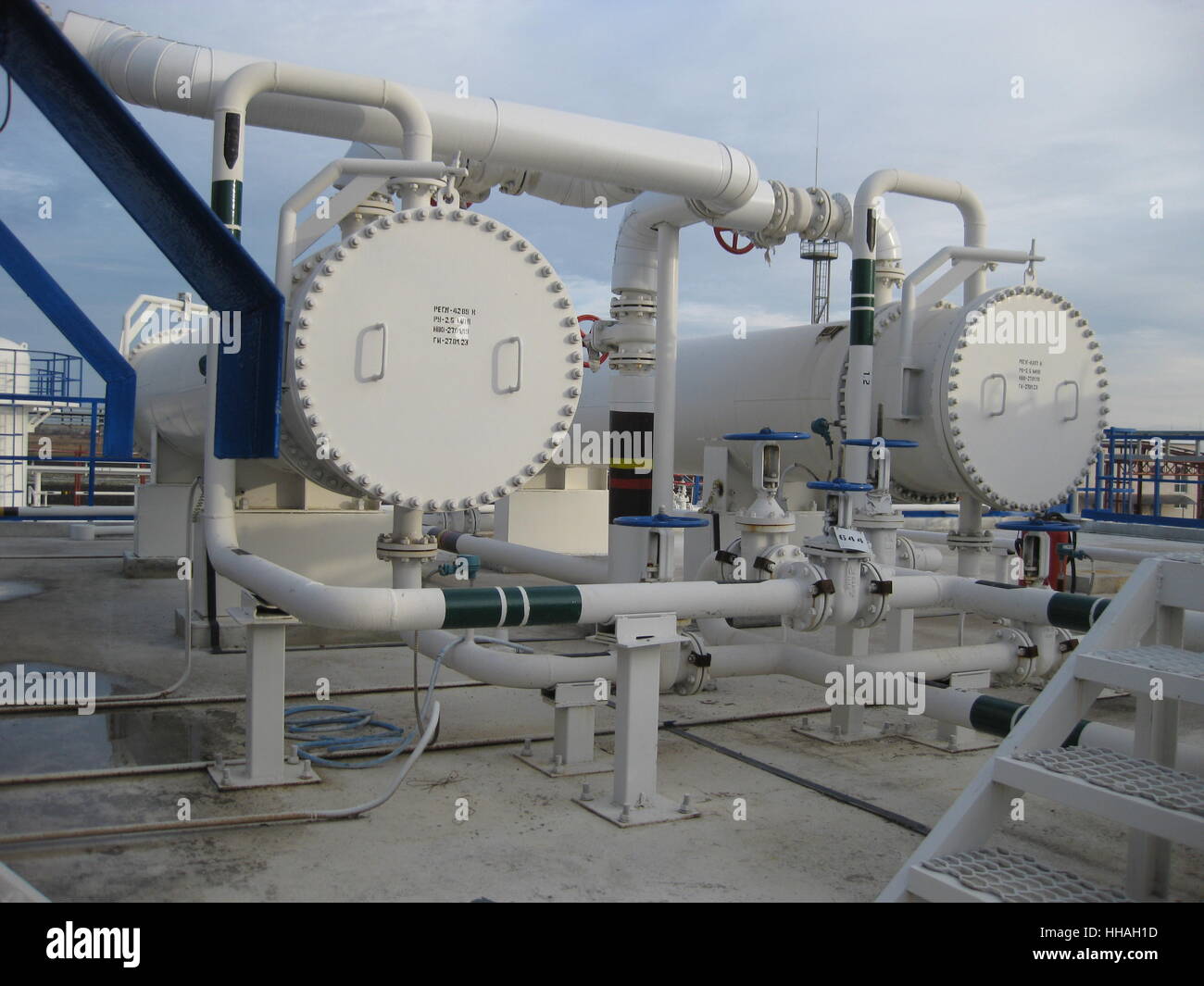 Heat exchangers in a refinery. The equipment for oil refining Stock ...