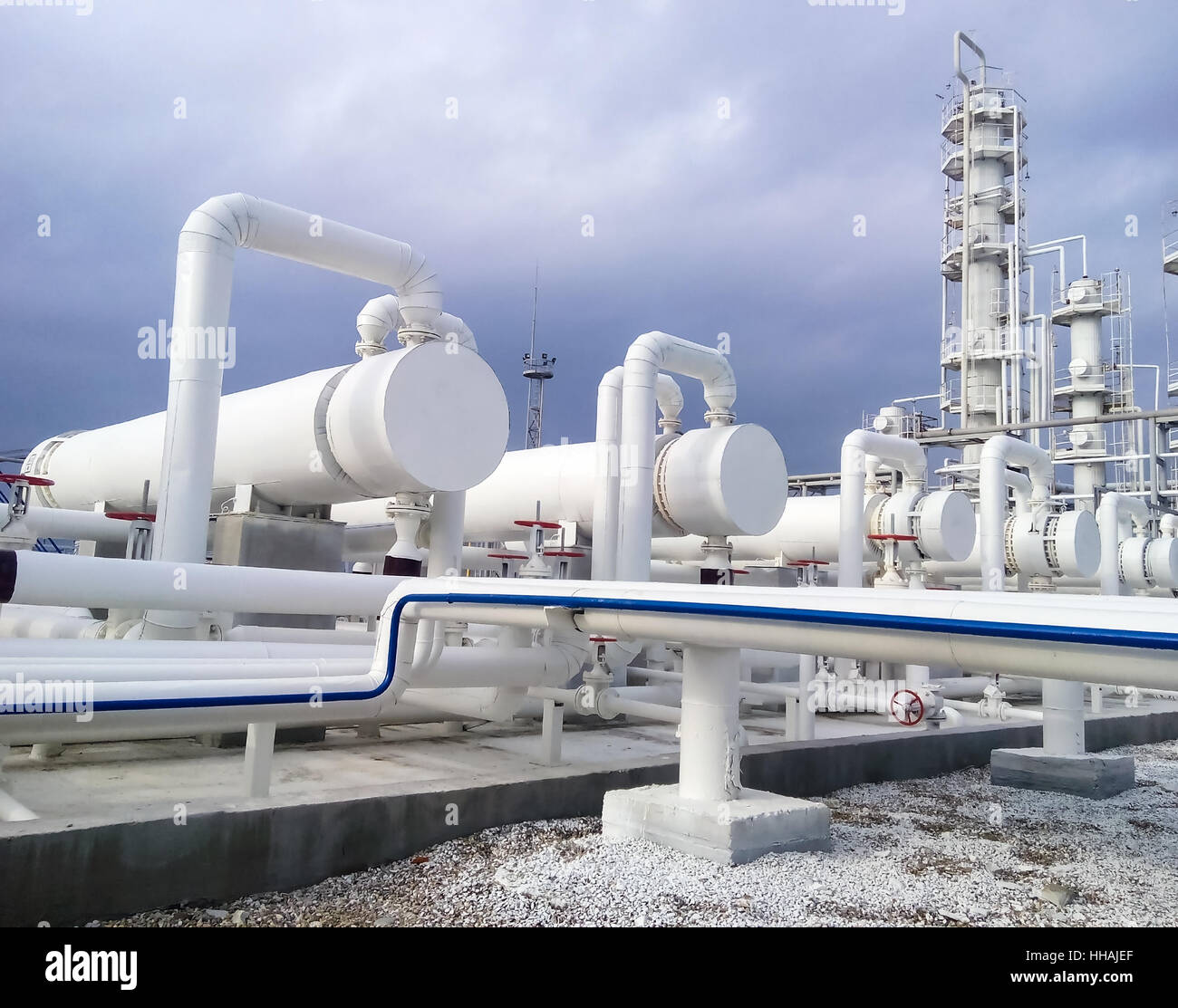 Heat exchangers in a refinery. The equipment for oil refining Stock ...