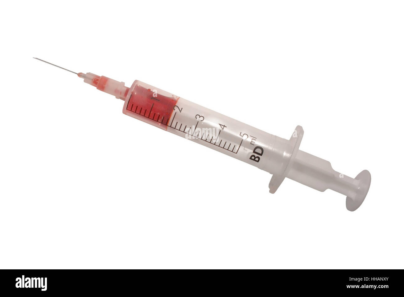 syringe with sharp needle filled with red fluid isolated on white Stock ...