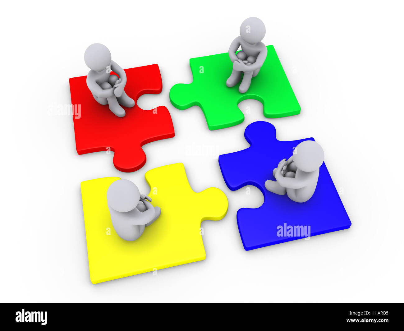 3d men puzzle teamwork red blue green yellow hi-res stock photography ...