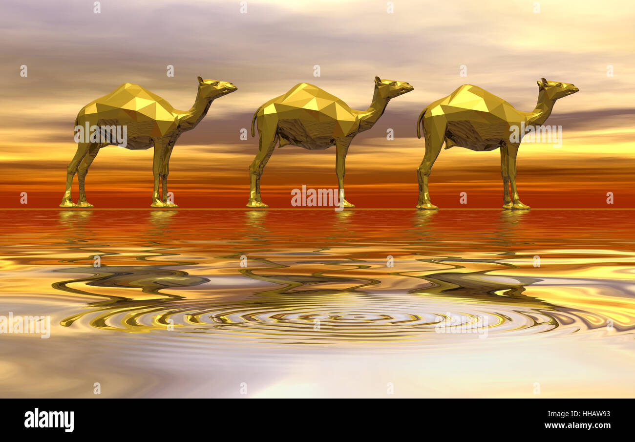 three golden camels Stock Photo - Alamy