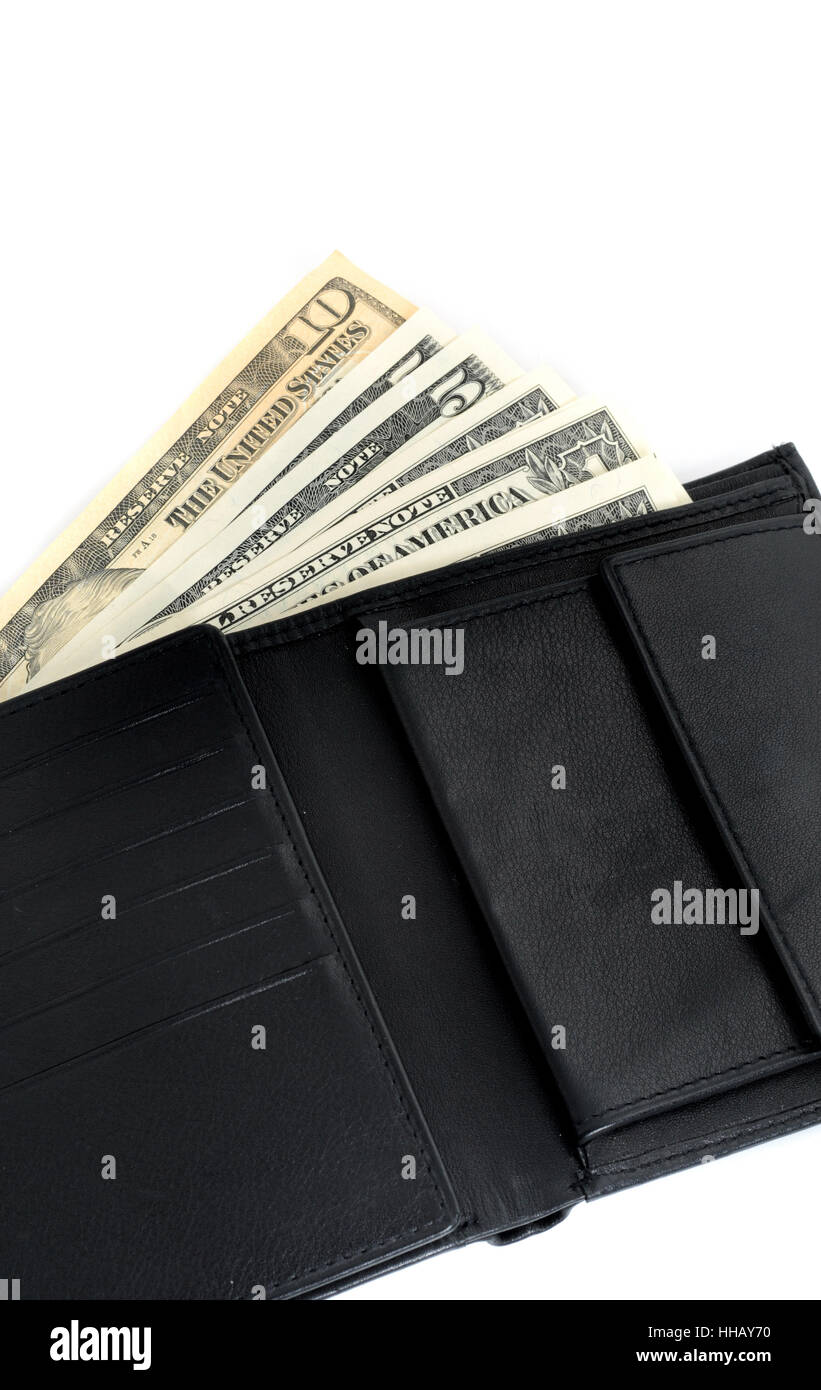 wallet with dollar bills in front of white background Stock Photo - Alamy