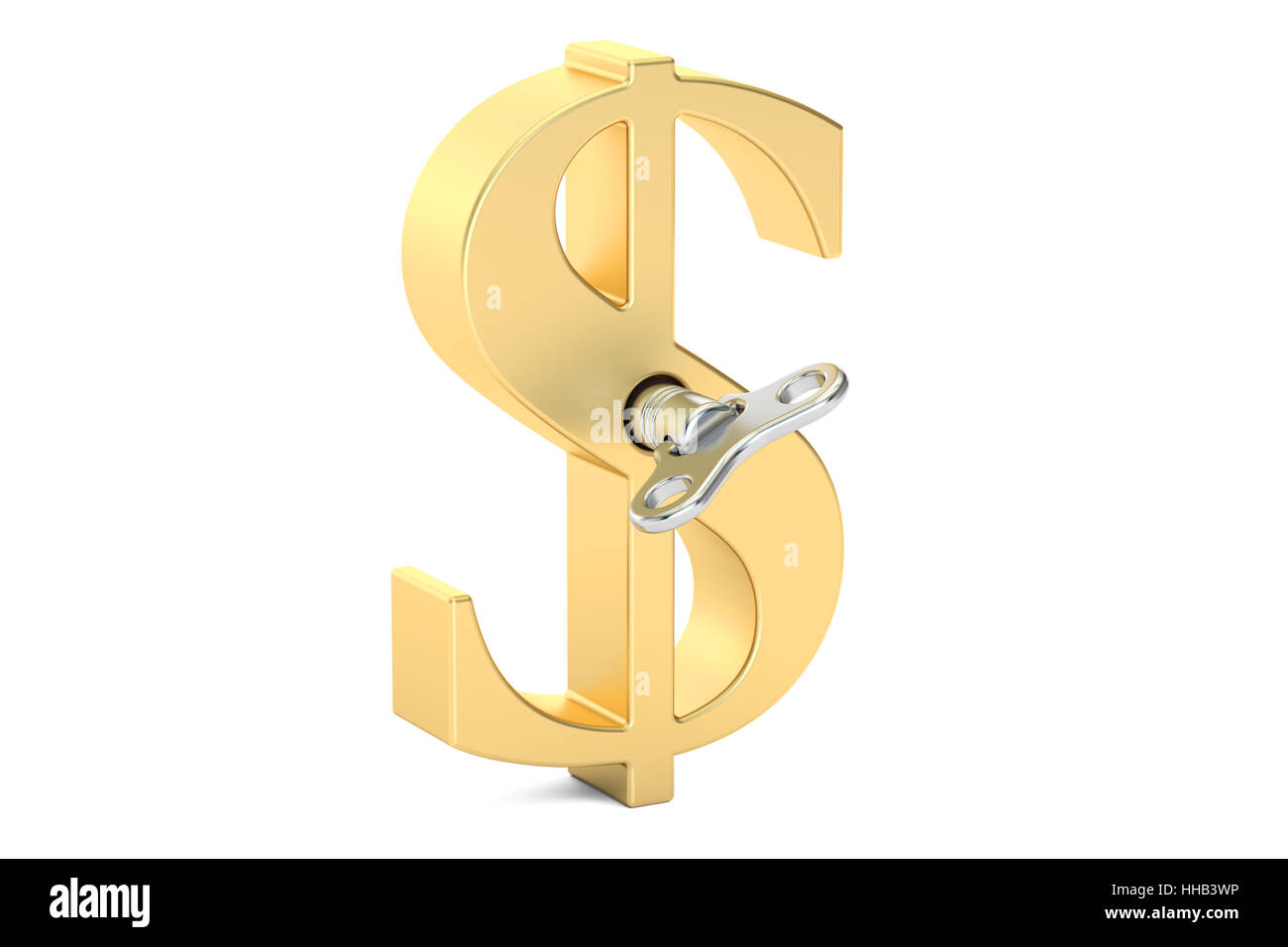 Golden Dollar symbol with wind-up key, 3D rendering isolated on white ...