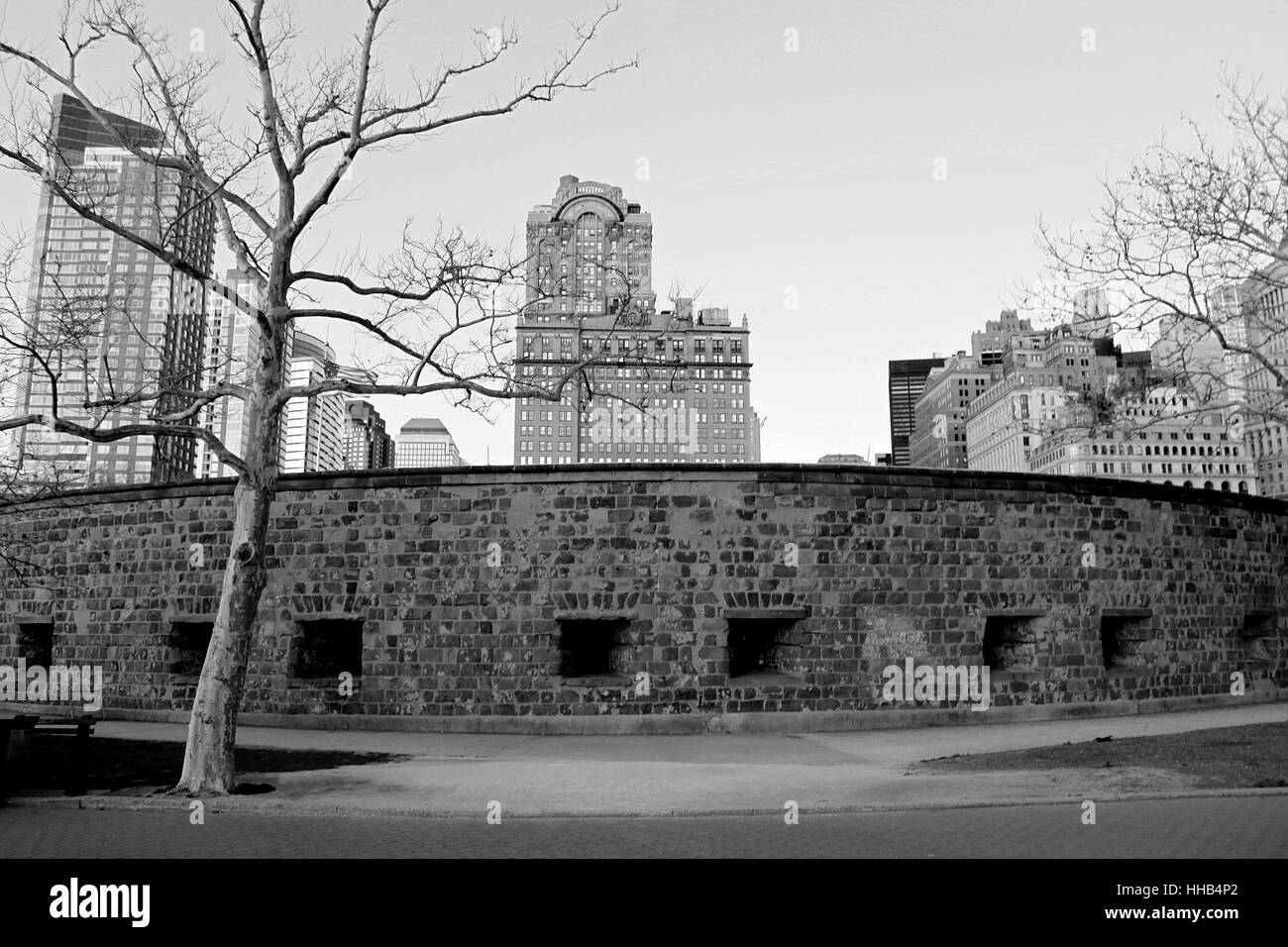 A black and white shot of Castle Clinton National Monument, a sandstone ...