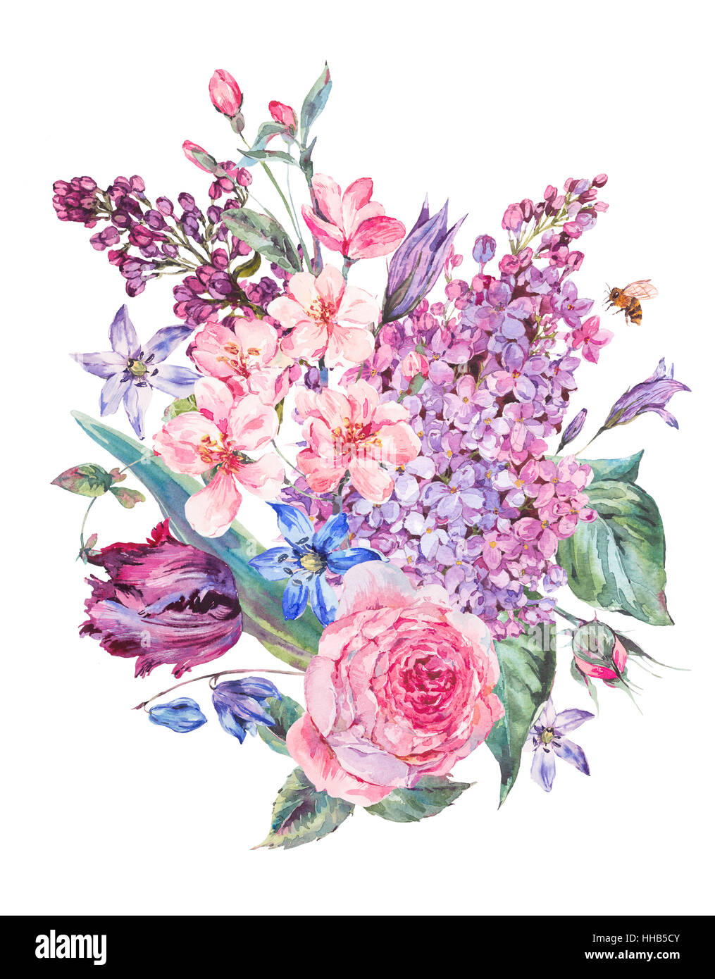Watercolor spring bouquet with pink flowers lilacs, tulips, rose Stock ...
