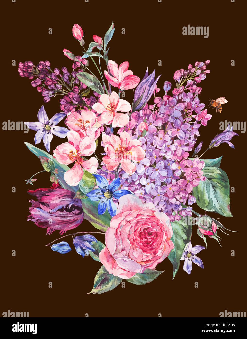 Watercolor spring bouquet with pink flowers lilacs, tulips, rose Stock ...
