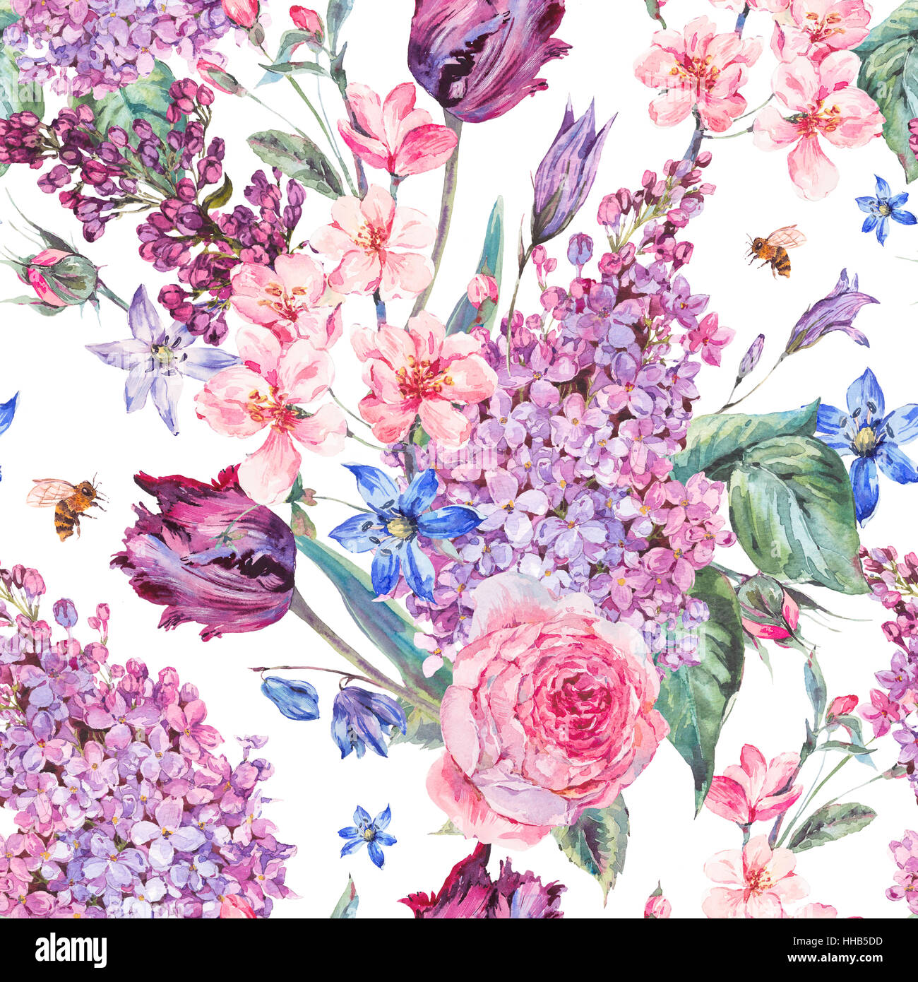 Watercolor spring seamless background with pink flowers Stock Photo - Alamy